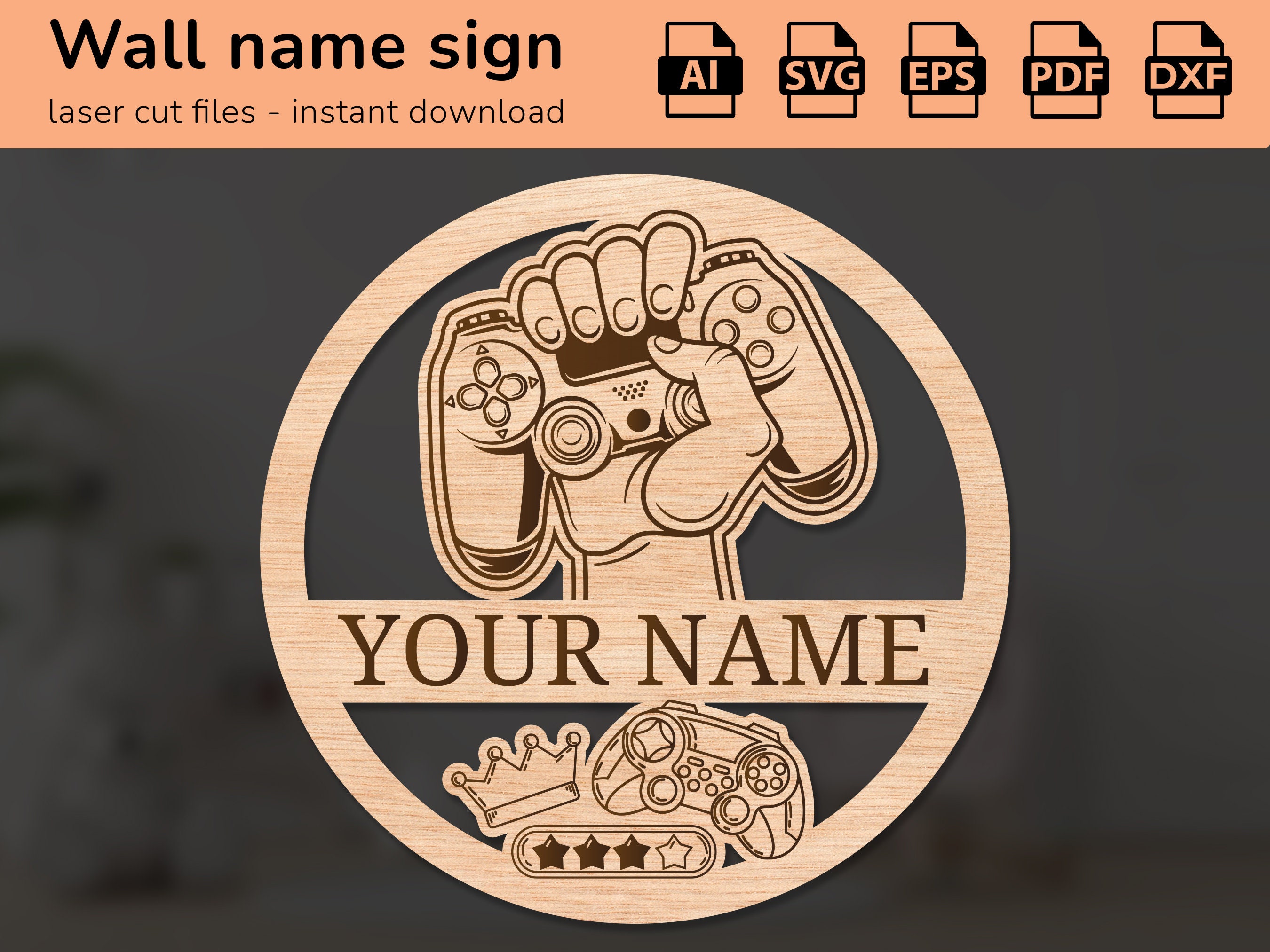 Gamepad in Hand Video Game Gaming Gamer Name Sign Interior Decor Laser ...