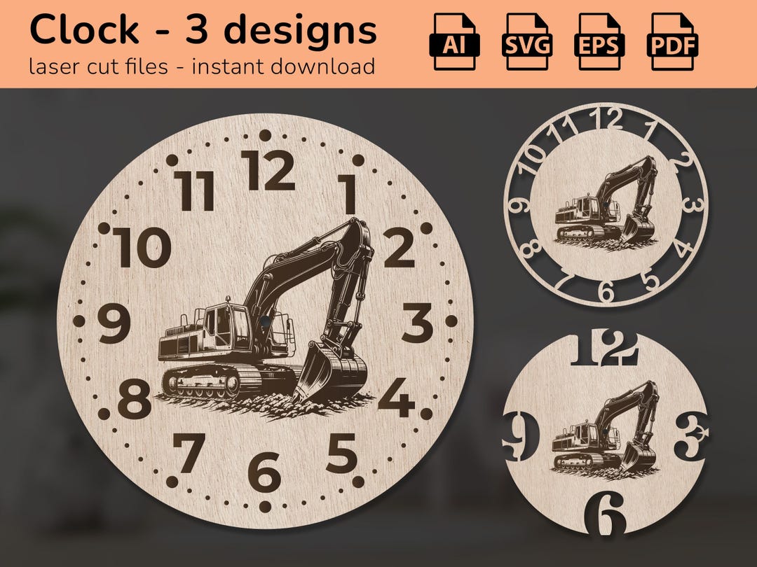 Excavator Construction Clock Wall Sign | Interior Decor | Laser Cut ...