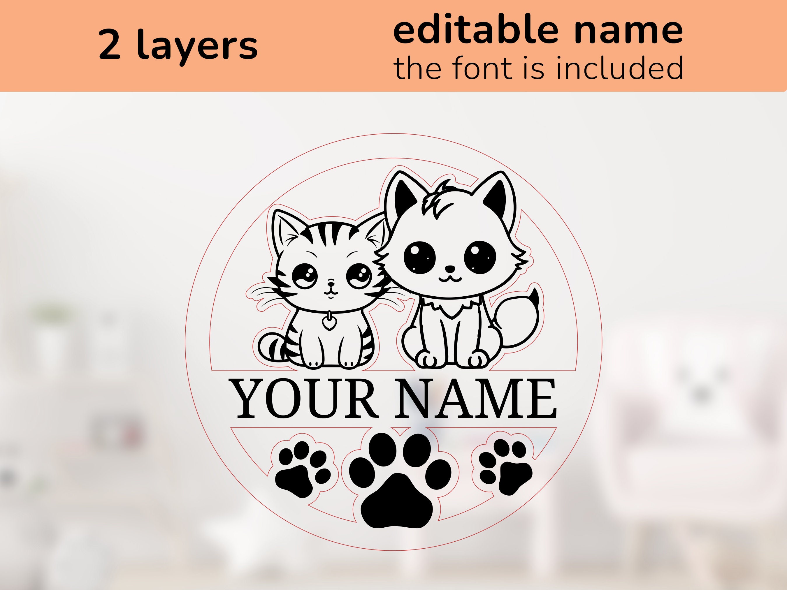 Cute Cats Name Sign Interior Decor Laser Cut Design for Kids Ai, EPS ...