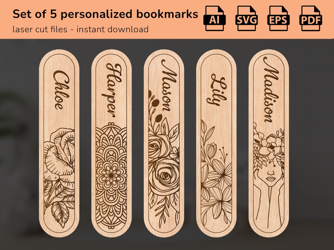 Personalized Floral Bookmarks Bundle Set of 5 Svg Wooden Template ...