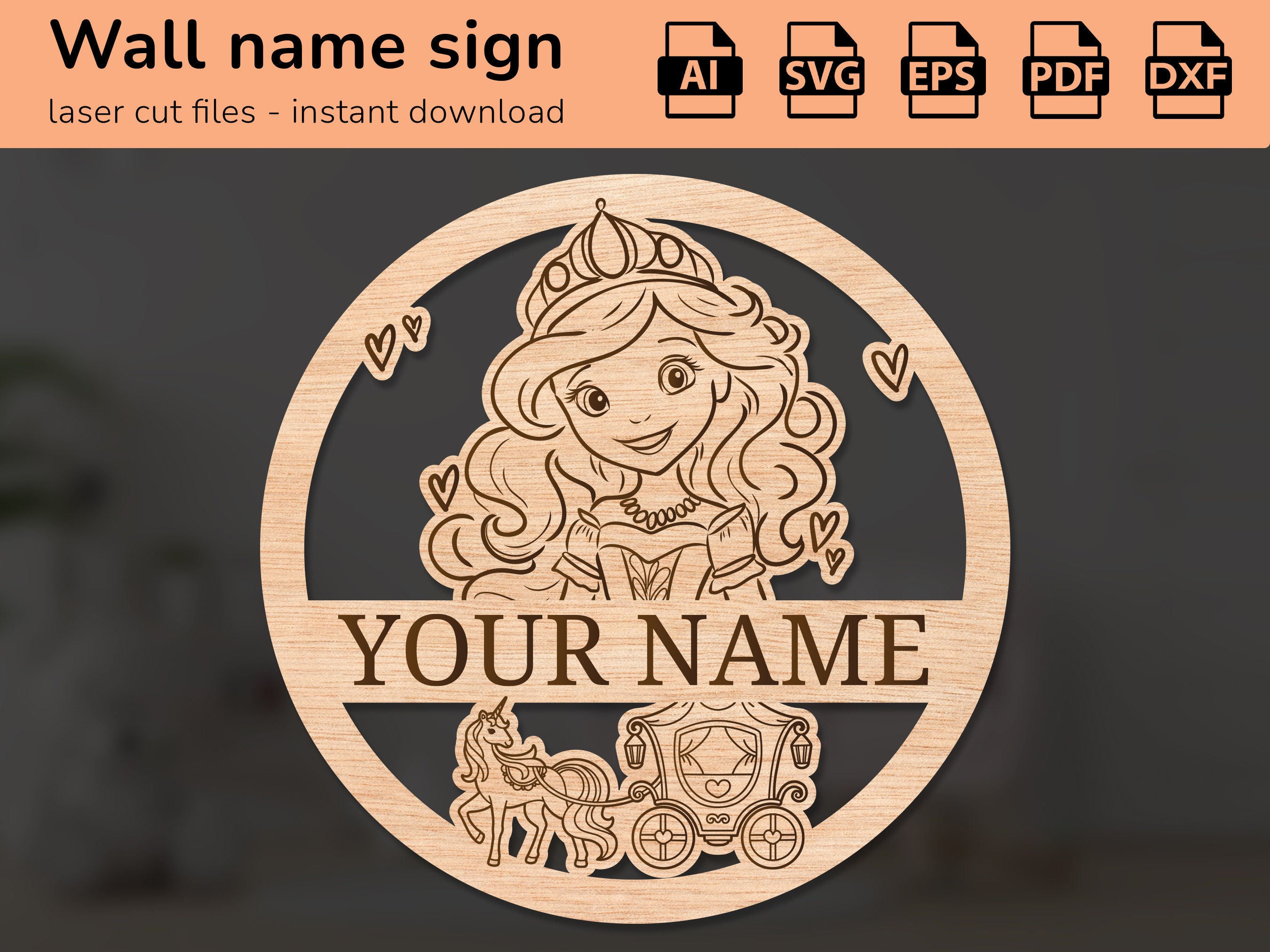 Princess Carriage Name Sign Interior Decor Laser Cut Design for Kids Ai ...