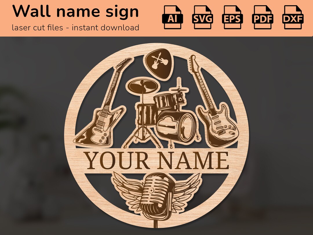 Rock Band Drums Guitar Nursery Wall Name Sign | Interior Decor | Laser ...