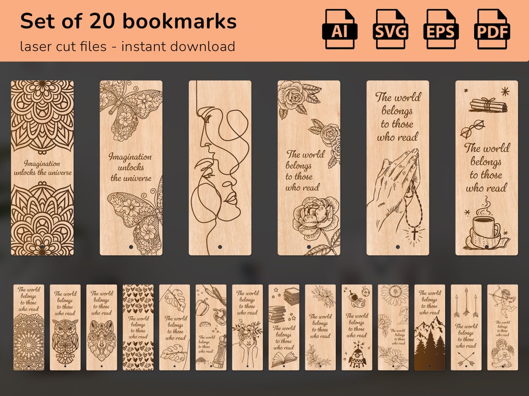 Bookmark Bundle Set of 20 Svg Wooden Template Engraved Laser Cut Files ...