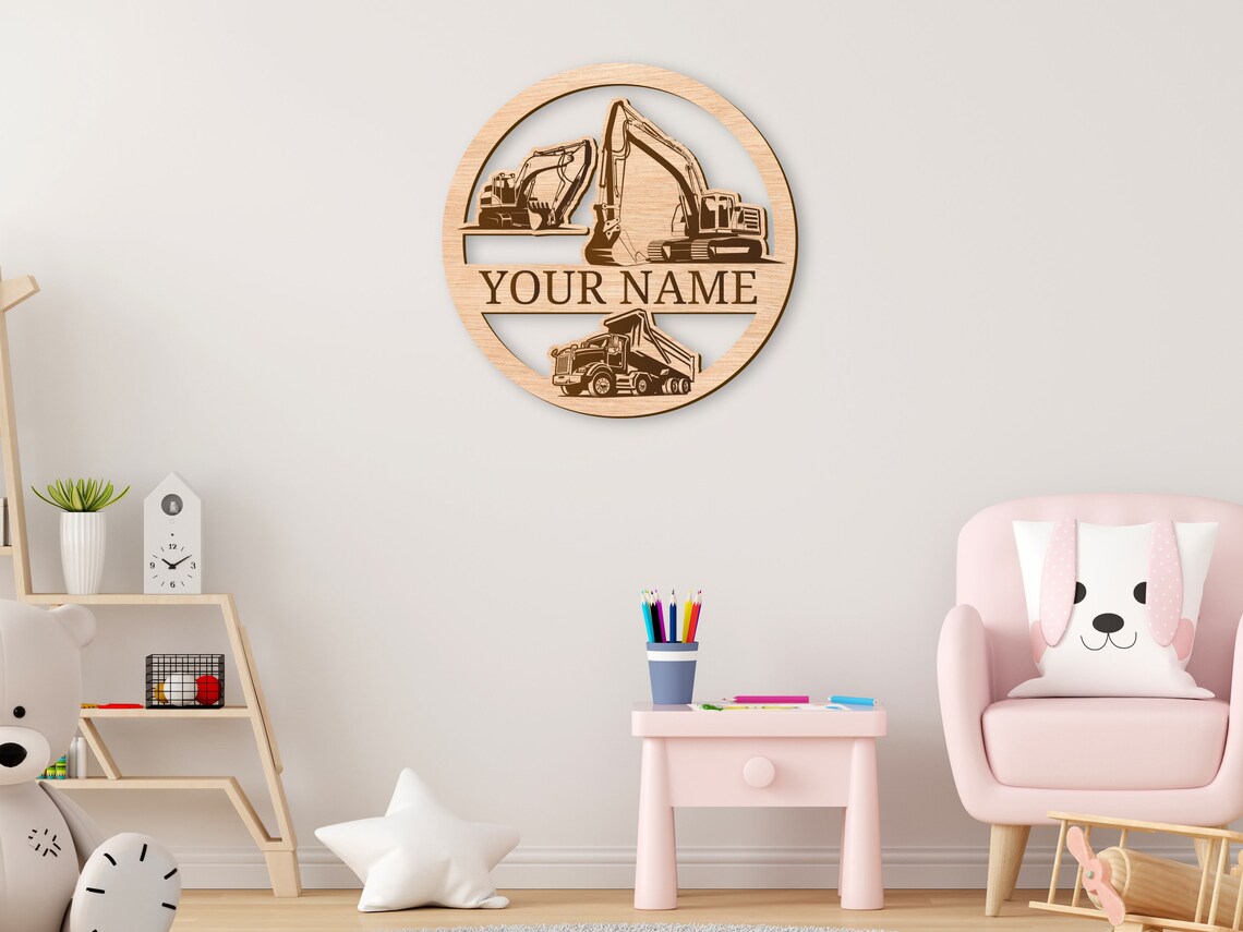 Excavator Digger Construction Truck Nursery Wall Name Sign Interior ...