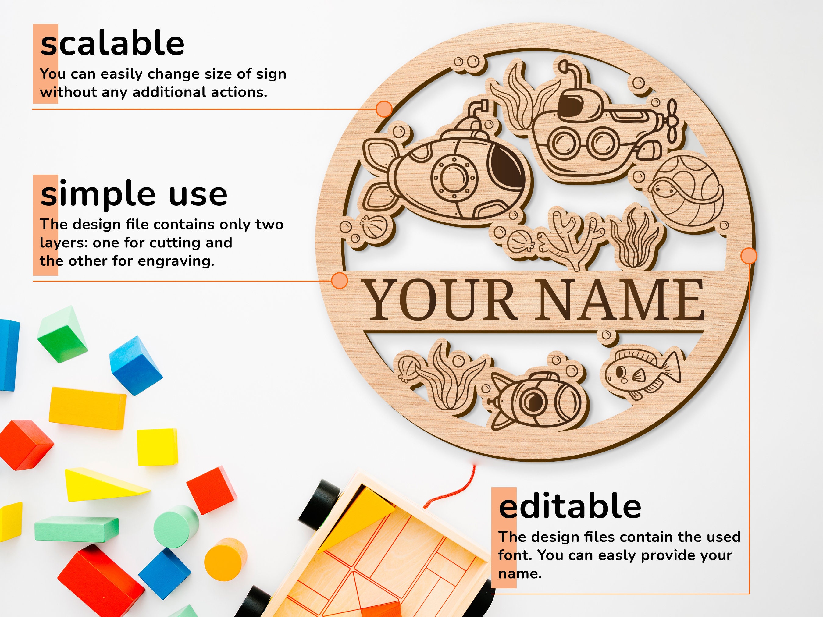 Submarine Sea Life Fishes Nursery Wall Name Sign Interior Decor Laser ...