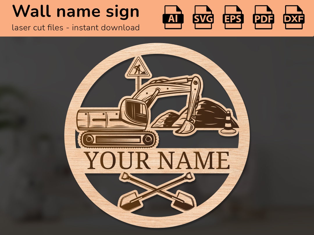Bulldozer Excavator Digger Construction Nursery Wall Name Sign ...