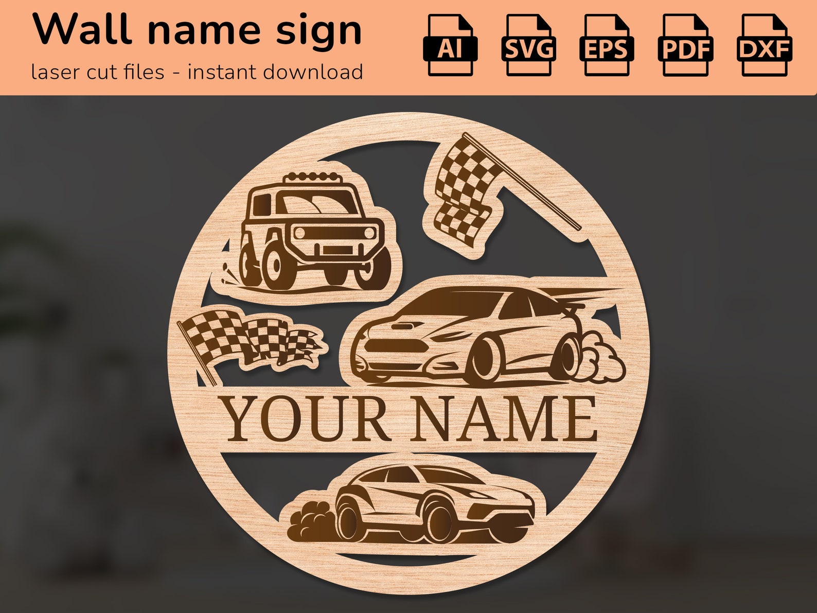 Race Cars Name Sign Vehicles Road Route | Interior Decor | Laser Cut ...