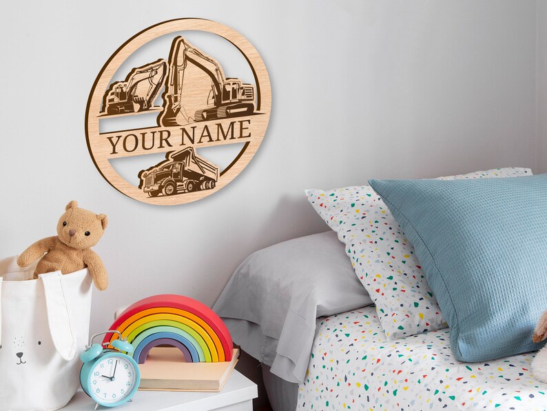 Excavator Digger Construction Truck Nursery Wall Name Sign Interior ...