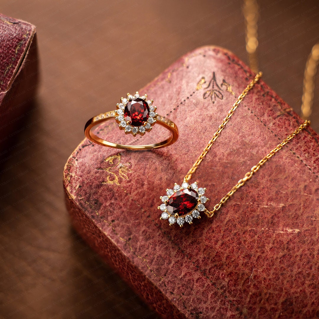 Ruby Diamond Jewelry Set in 14k Gold, Dainty Ruby Jewelry Set, Vintage ...