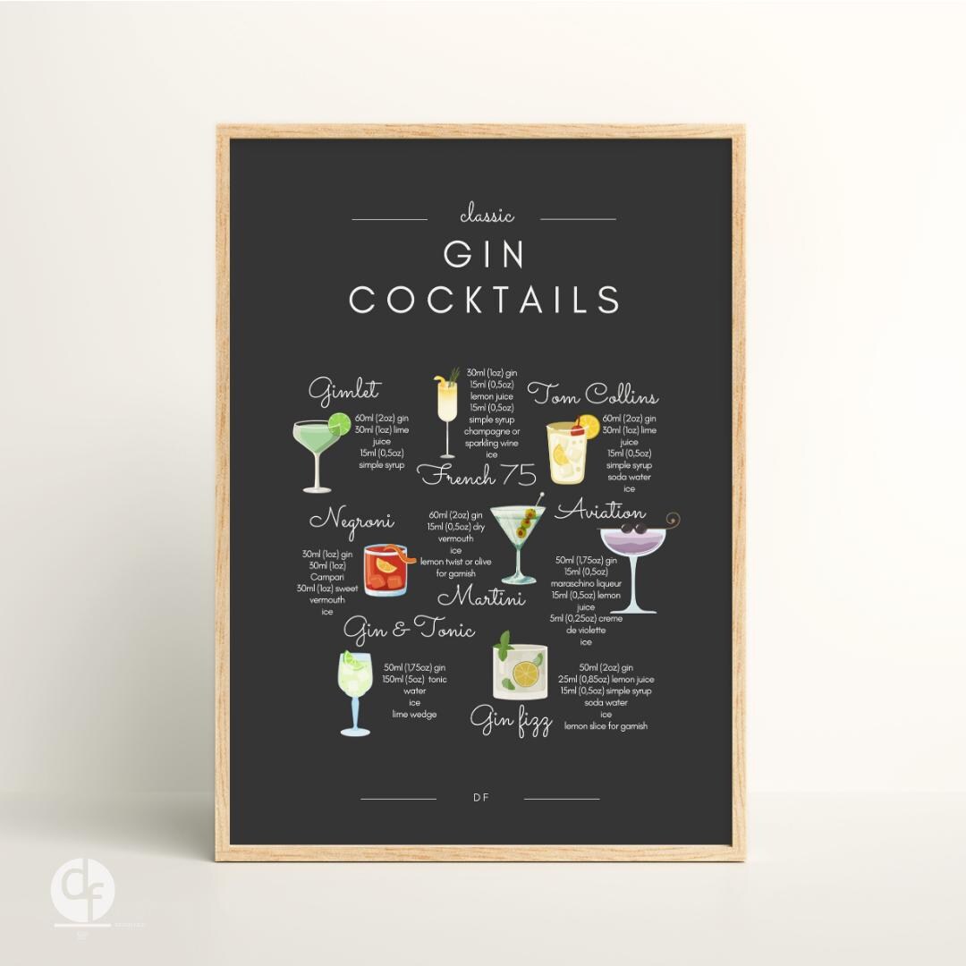 Gin Cocktails Black Chart, Recipe Print, Classic Cocktail Print ...