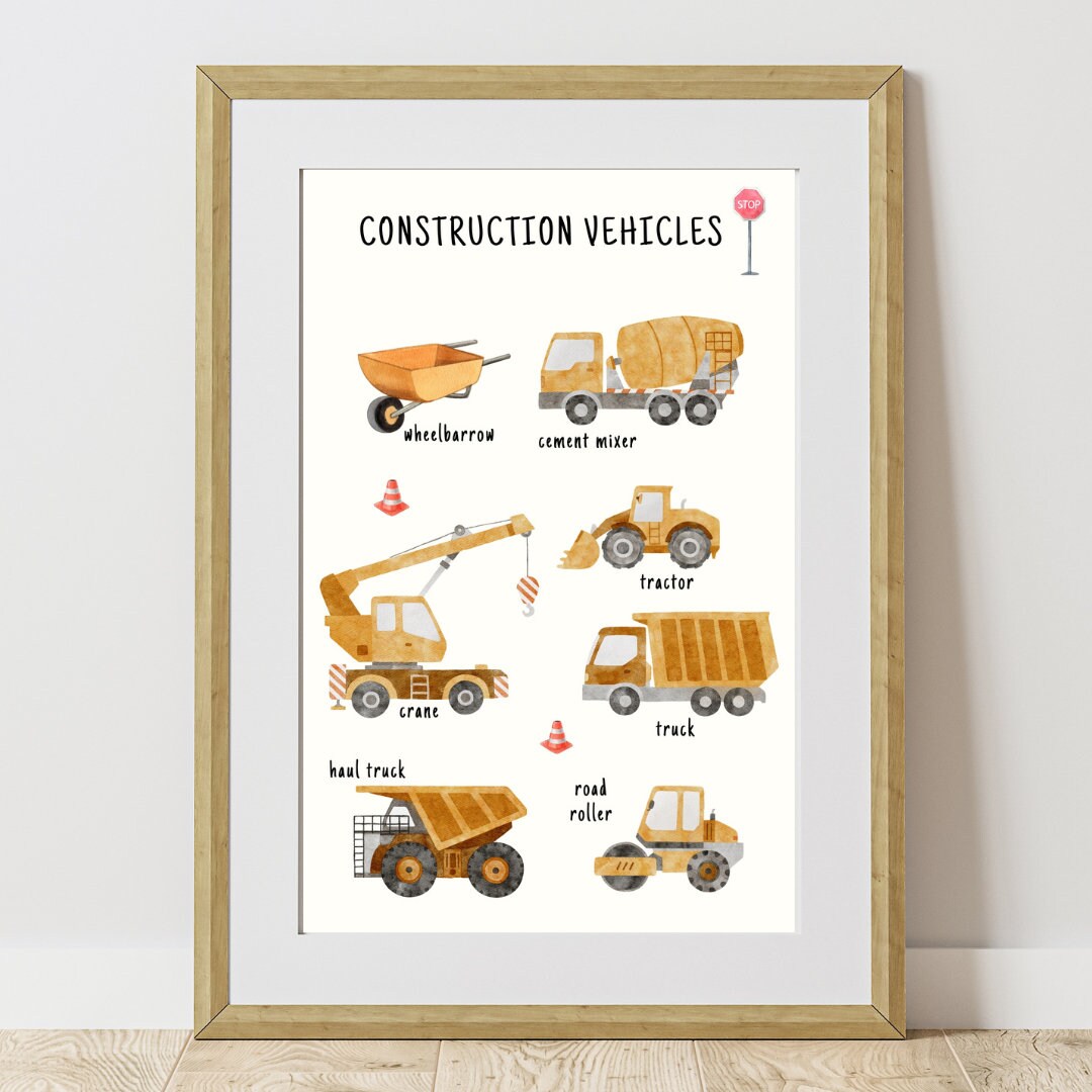 EDUCATIONAL POSTER Construction Vehicles, Montessori Classroom Decor ...