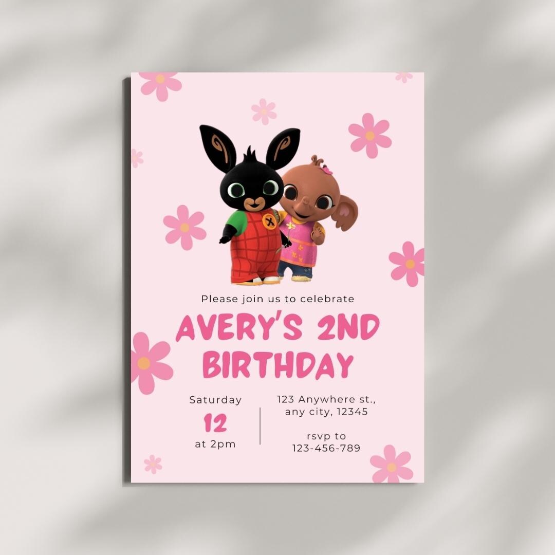 Sula & Bunny Bing Pink Birthday Invitation, Daisies Invitation, Bing ...