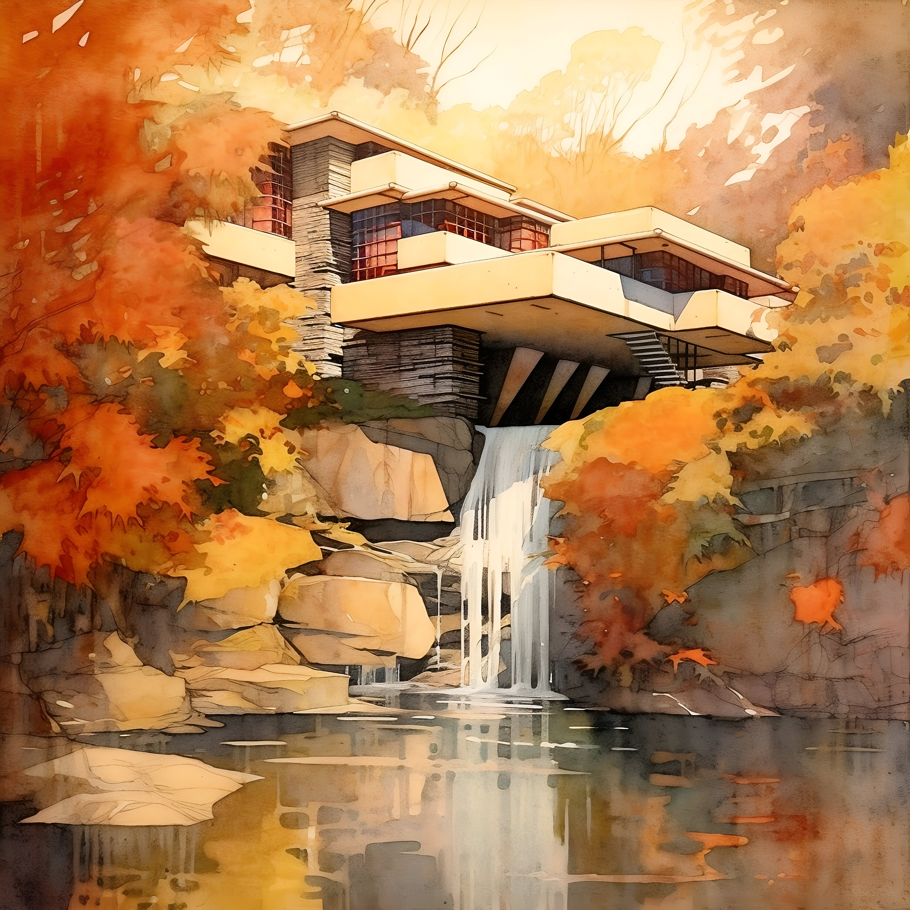 Falling Water by Frank Lloyd Wright- Water Color - Digital Art- Ready ...