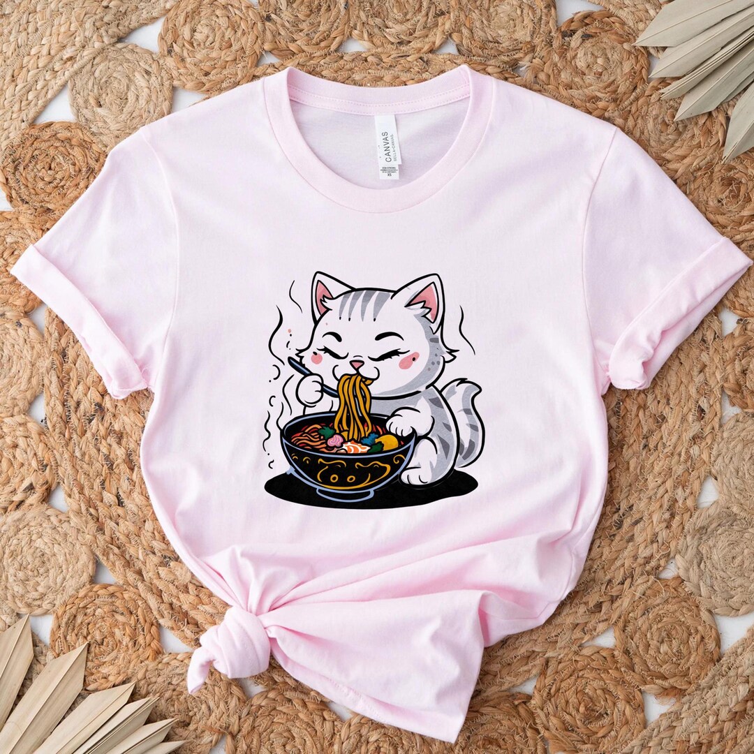 Cute Cat Eating Ramen T-shirt, Funny Kawaii Tee, Cat Lover Gift, Anime ...