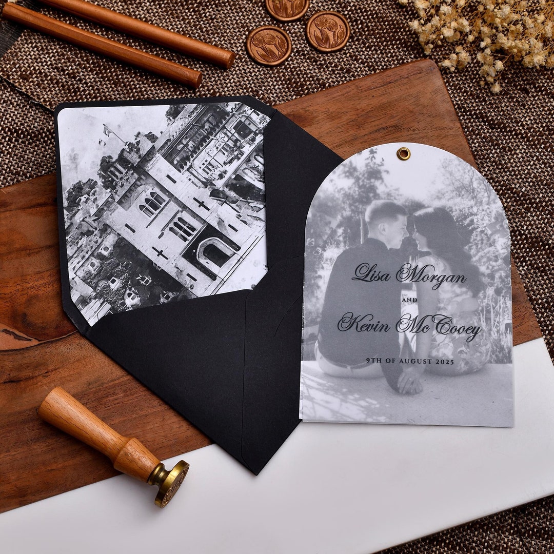 Arch Shaped Wedding Invitation With Photos, Vellum Wedding Invitations ...