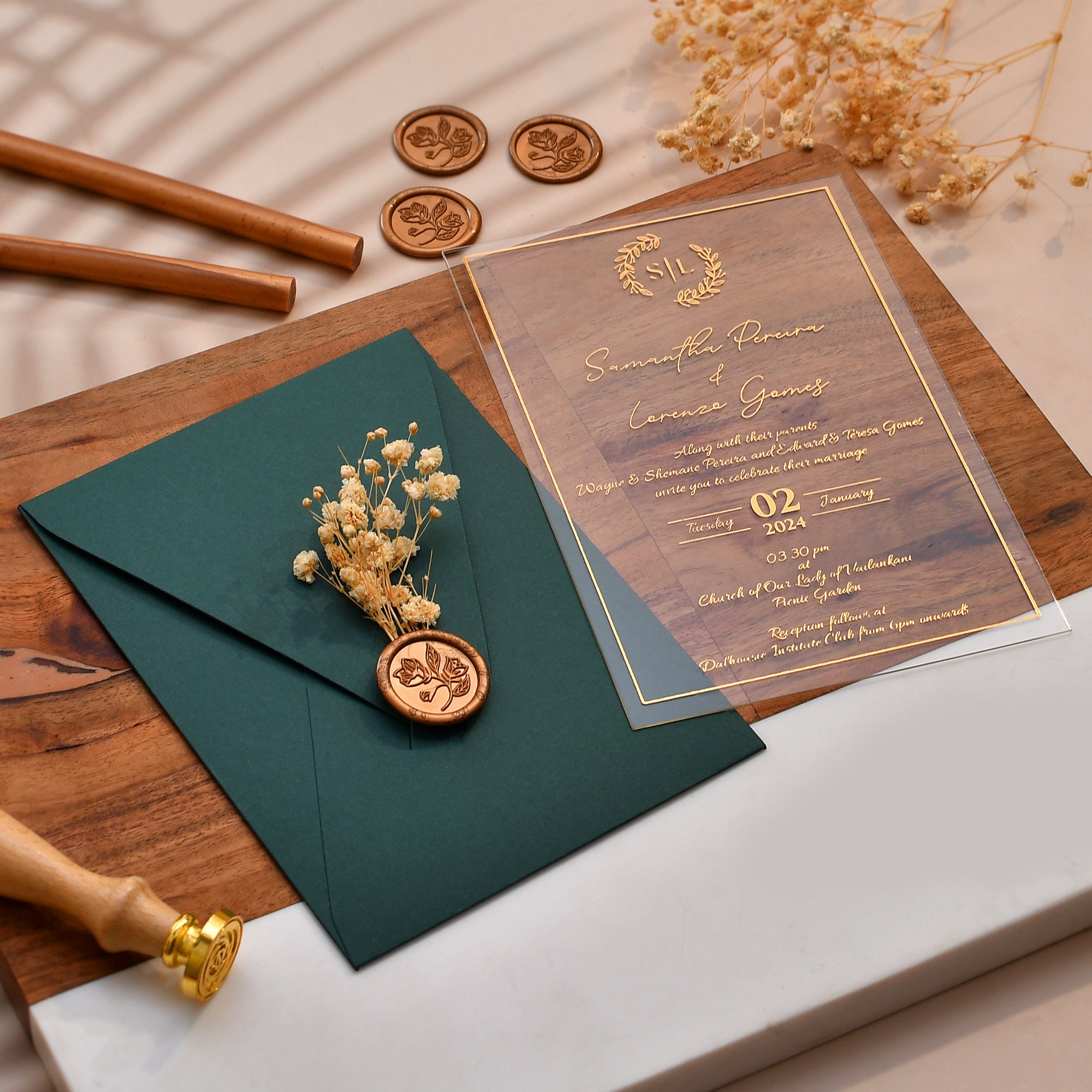Elegant Green Wedding Invitations, Acrylic Wedding Invitation, Real ...