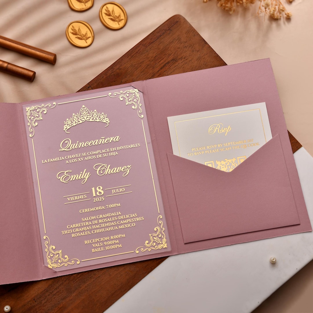 Quinceañera Invitation Spanish | Mauve Pocket Invite With Gold Foil ...