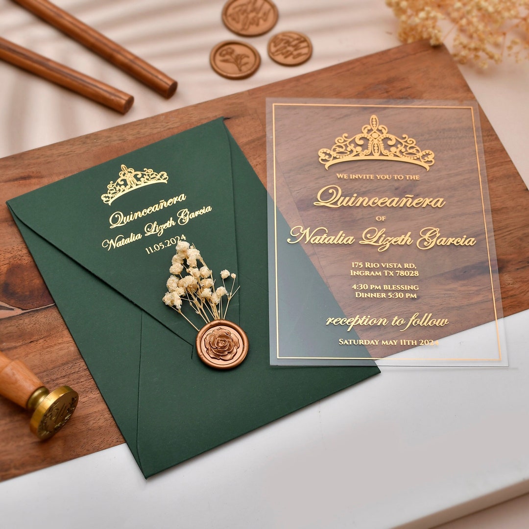 Elegant Green Acrylic Quinceañera & Sweet Sixteen Invitation ...