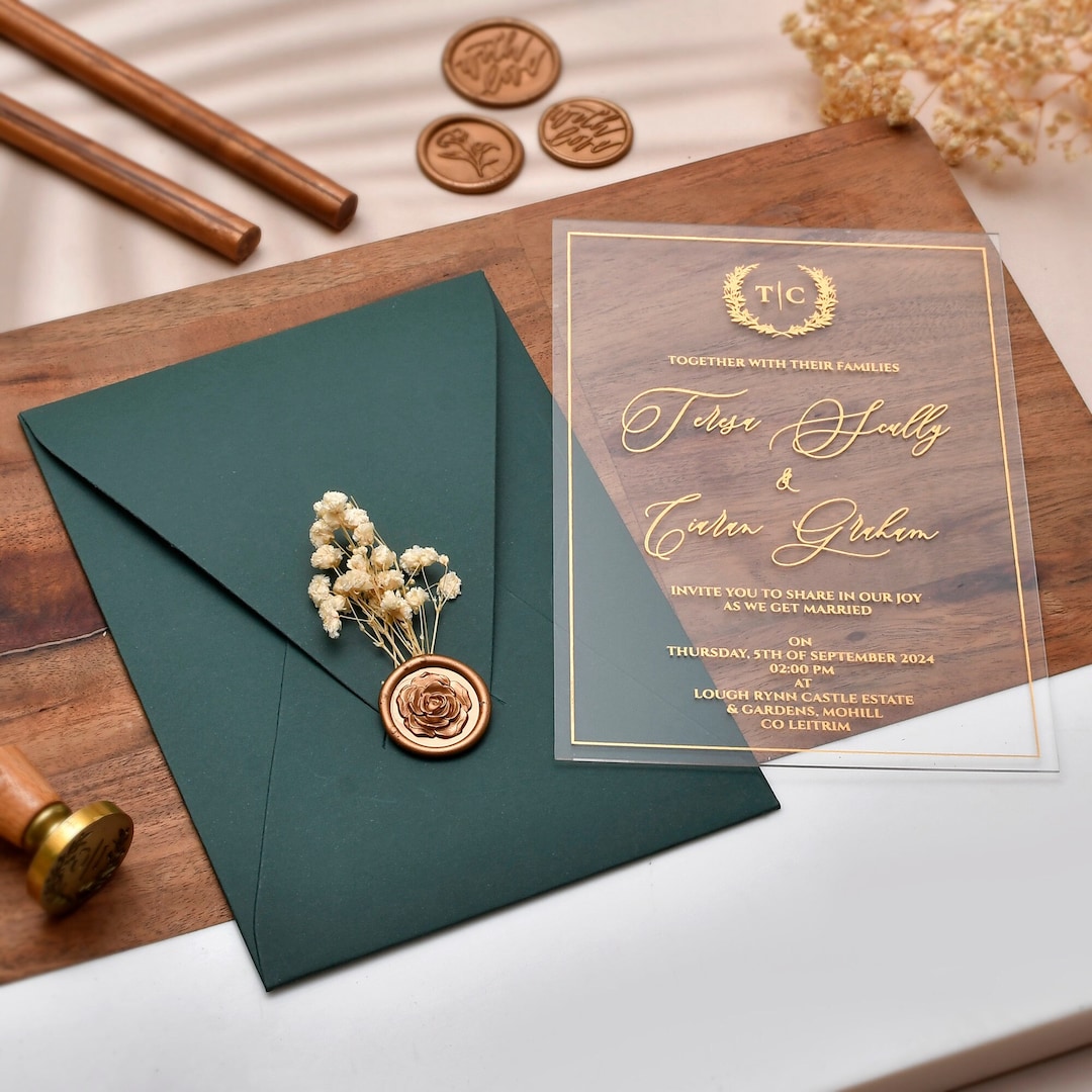 Acrylic Wedding Invitation, Elegant Green Wedding Invitations, Real ...
