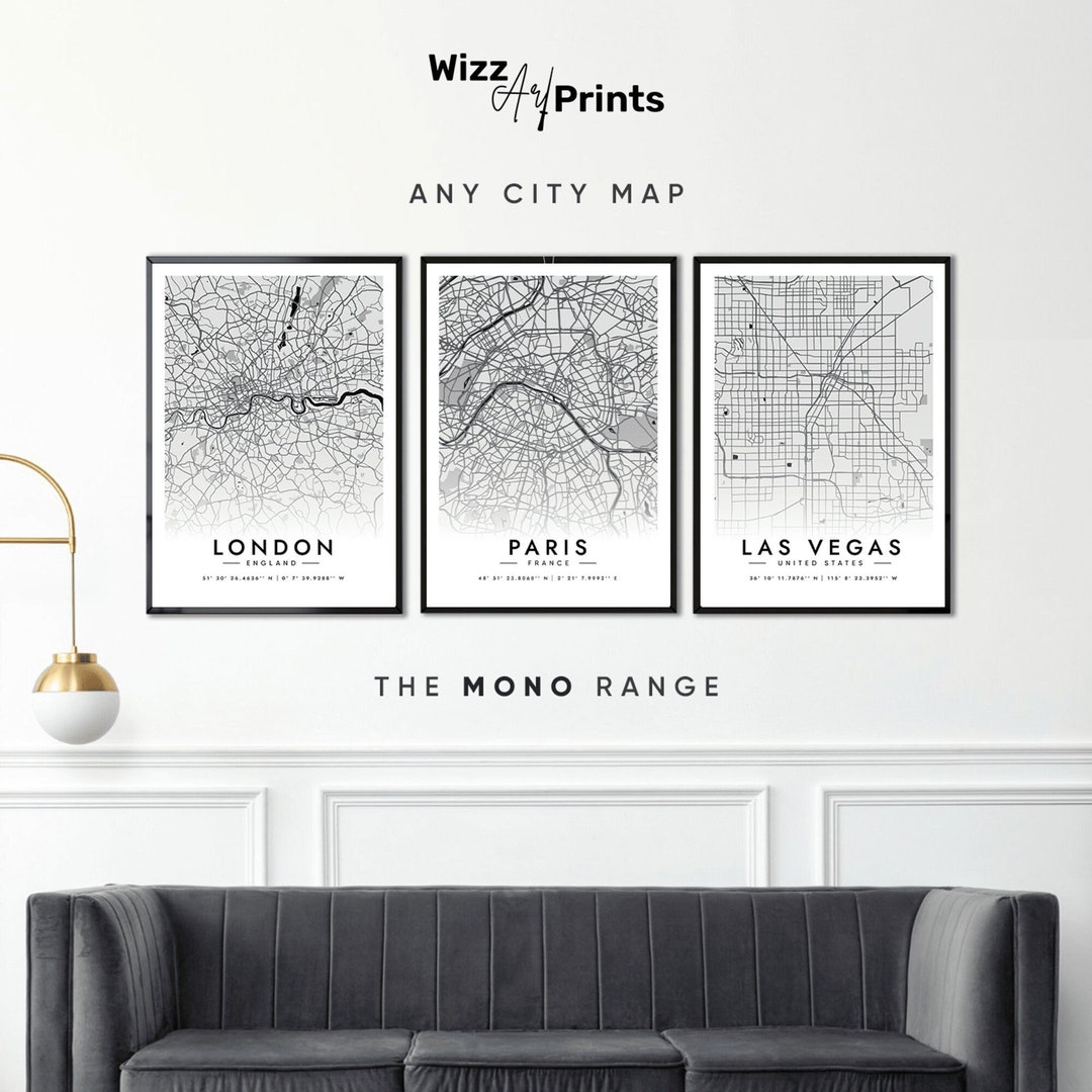 Custom Map Prints, Any Location/city Maps, Monochrome City Print, City ...