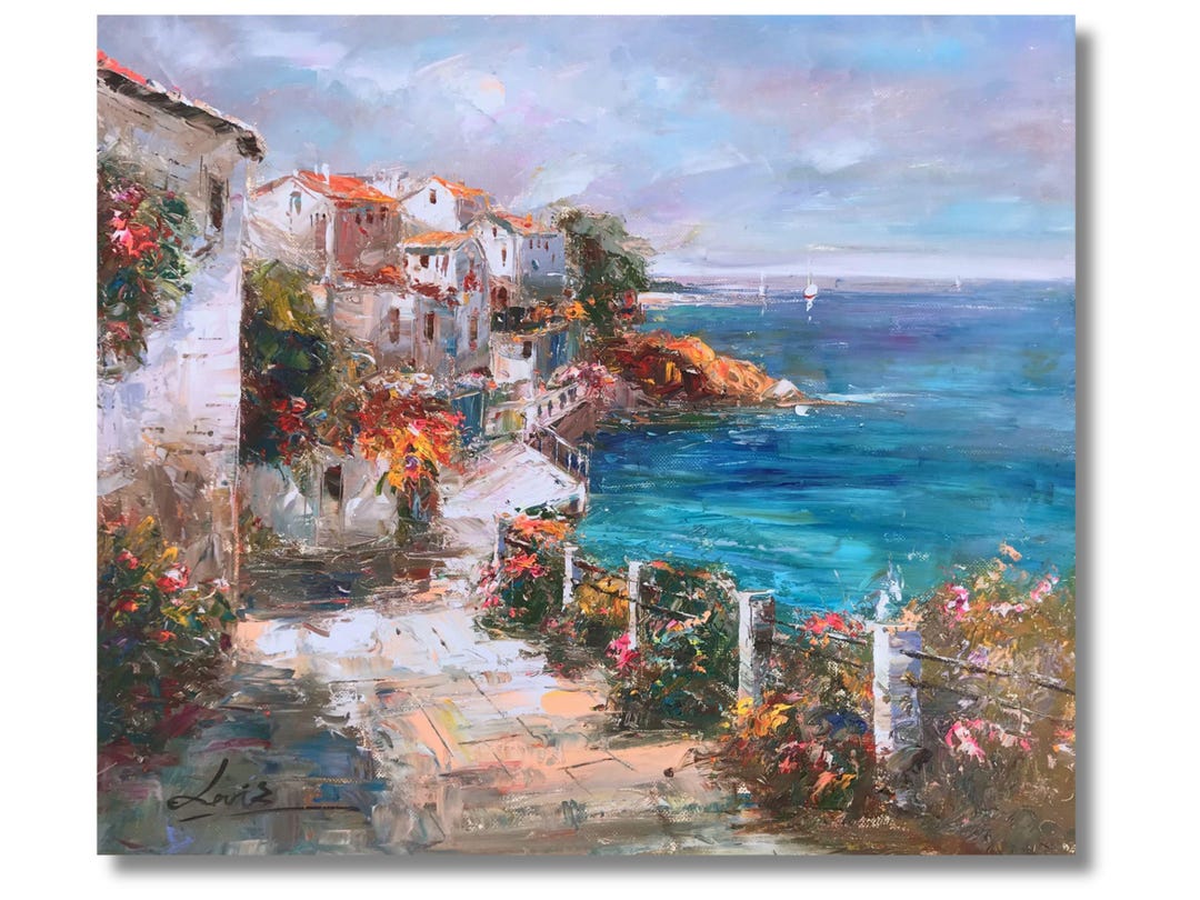 Costal Village Scene Italian Seascape Painting 50x60cm(20"x24") Hand ...