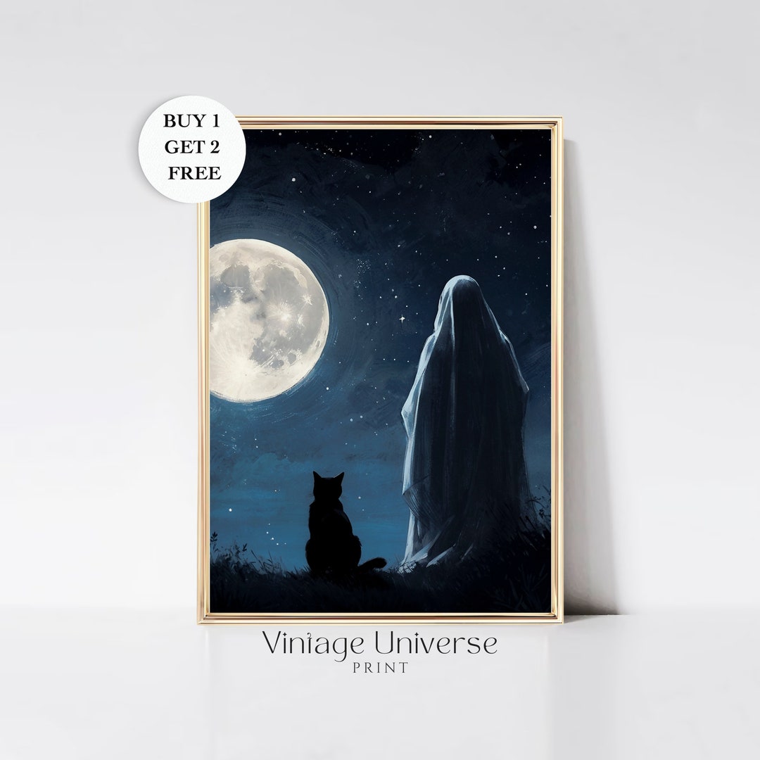 Ghost Under Starry Night Sky and Black Cat Print, Ghost Halloween Home ...