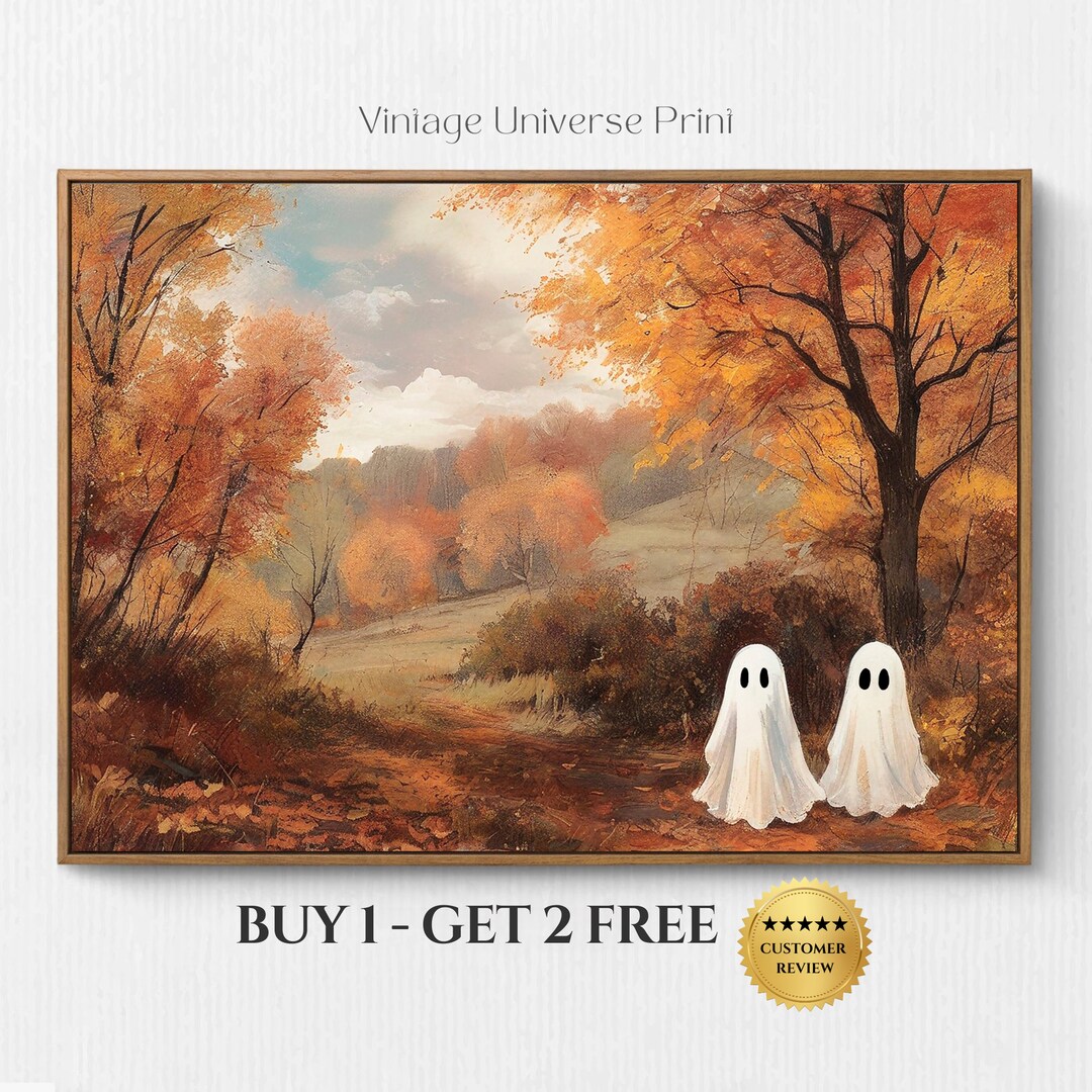 Ghosts in Colourful Autumn Landscape Vintage Painting, Spooky Farmhouse ...