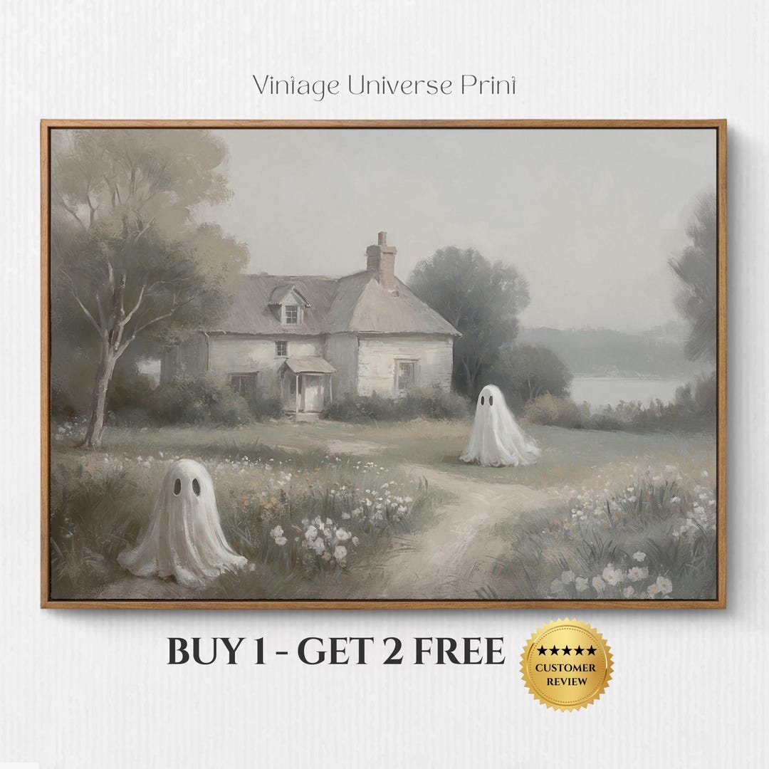 Ghosts in the Farmhouse Landscape Vintage Painting, Country Ghost Print ...