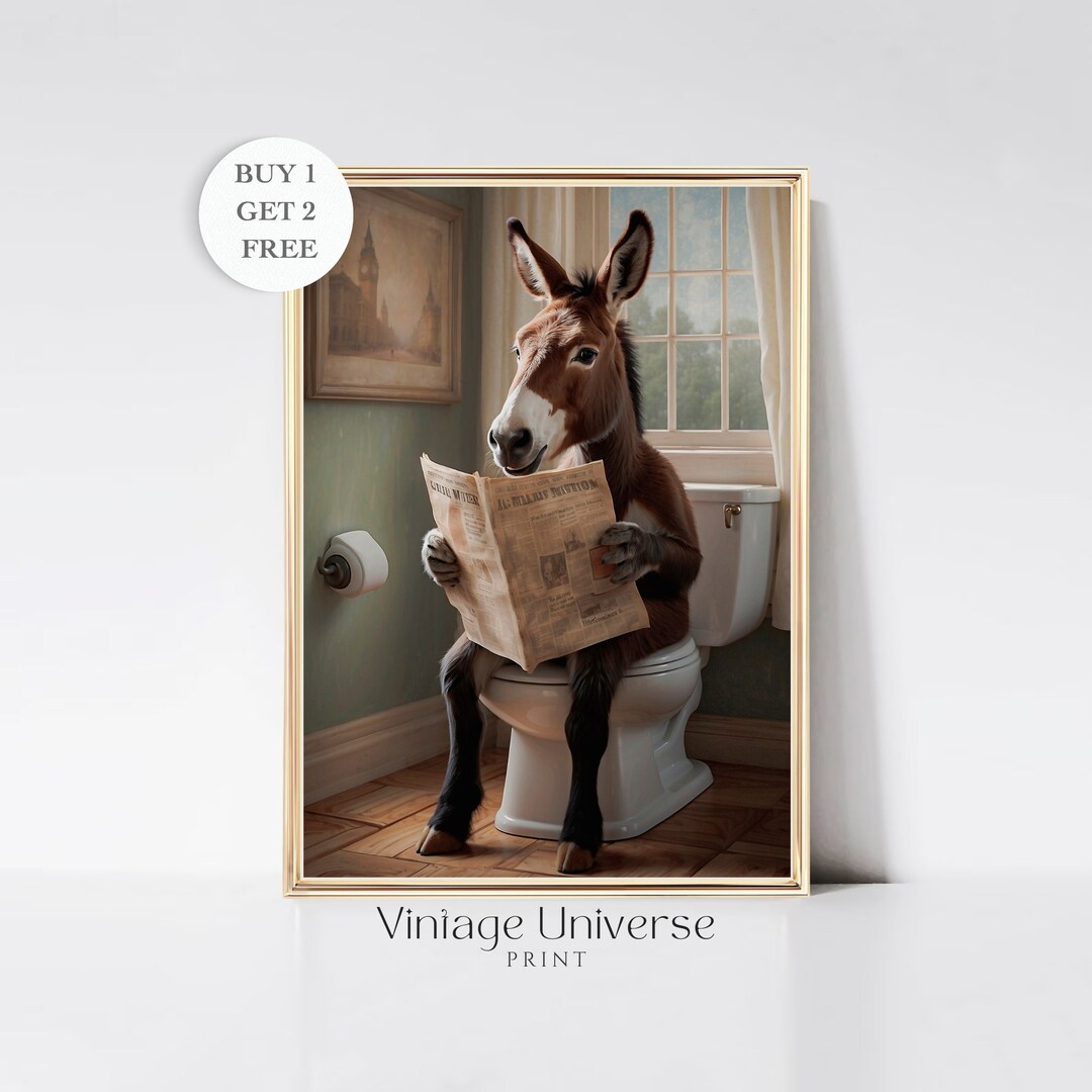 Donkey on Toilet Bathroom Print Animal Bathroom Art Animal on Toilet ...