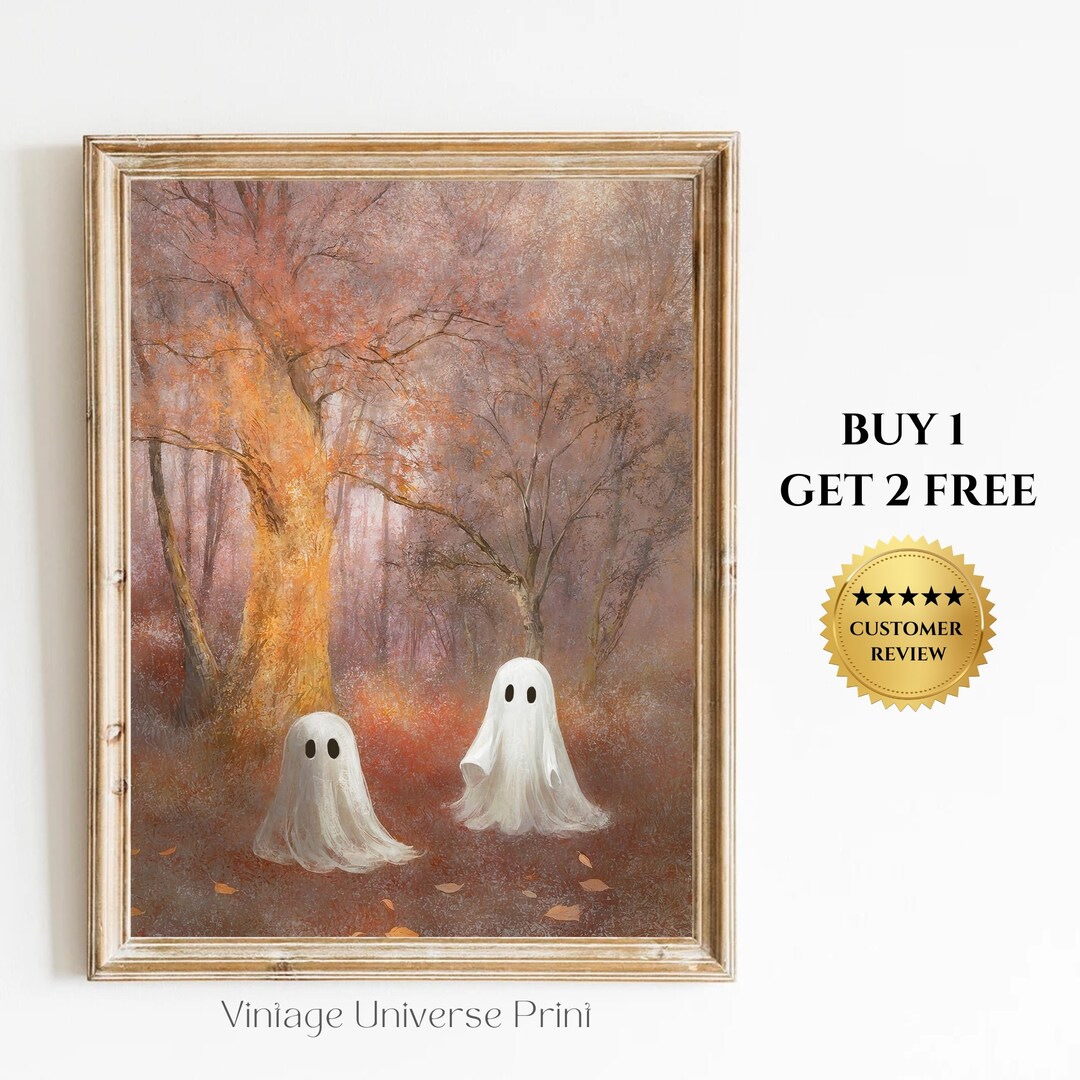Cute Ghosts in Fall Forest Landscape Vintage Oil Painting, Autumn ...