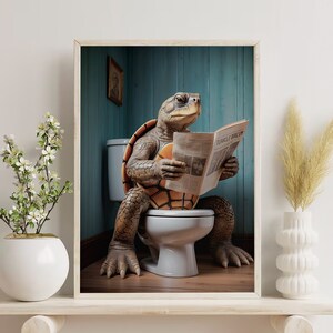 Turtle on Toilet Bathroom Print Tortoise Bathroom Art Animal on Toilet ...