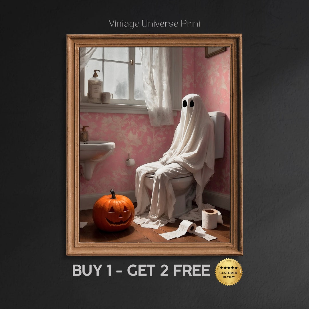 Printable Halloween Bathroom Wall Art, Ghost on a Toilet Print, Ghost ...
