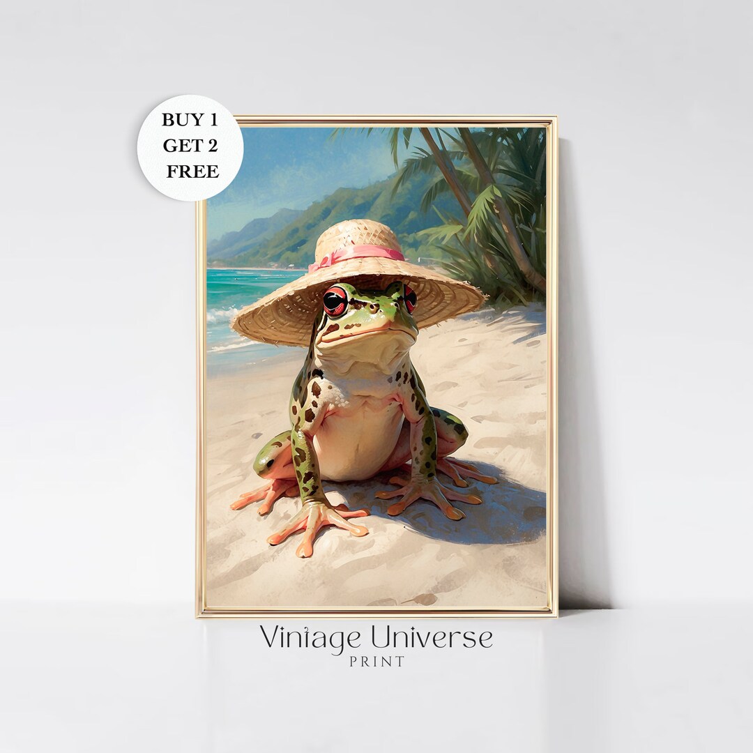 Frog on the Beach Print, Colorful Frog Painting, Summer Animal Art ...