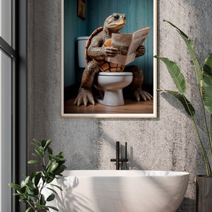Turtle on Toilet Bathroom Print Tortoise Bathroom Art Animal on Toilet ...