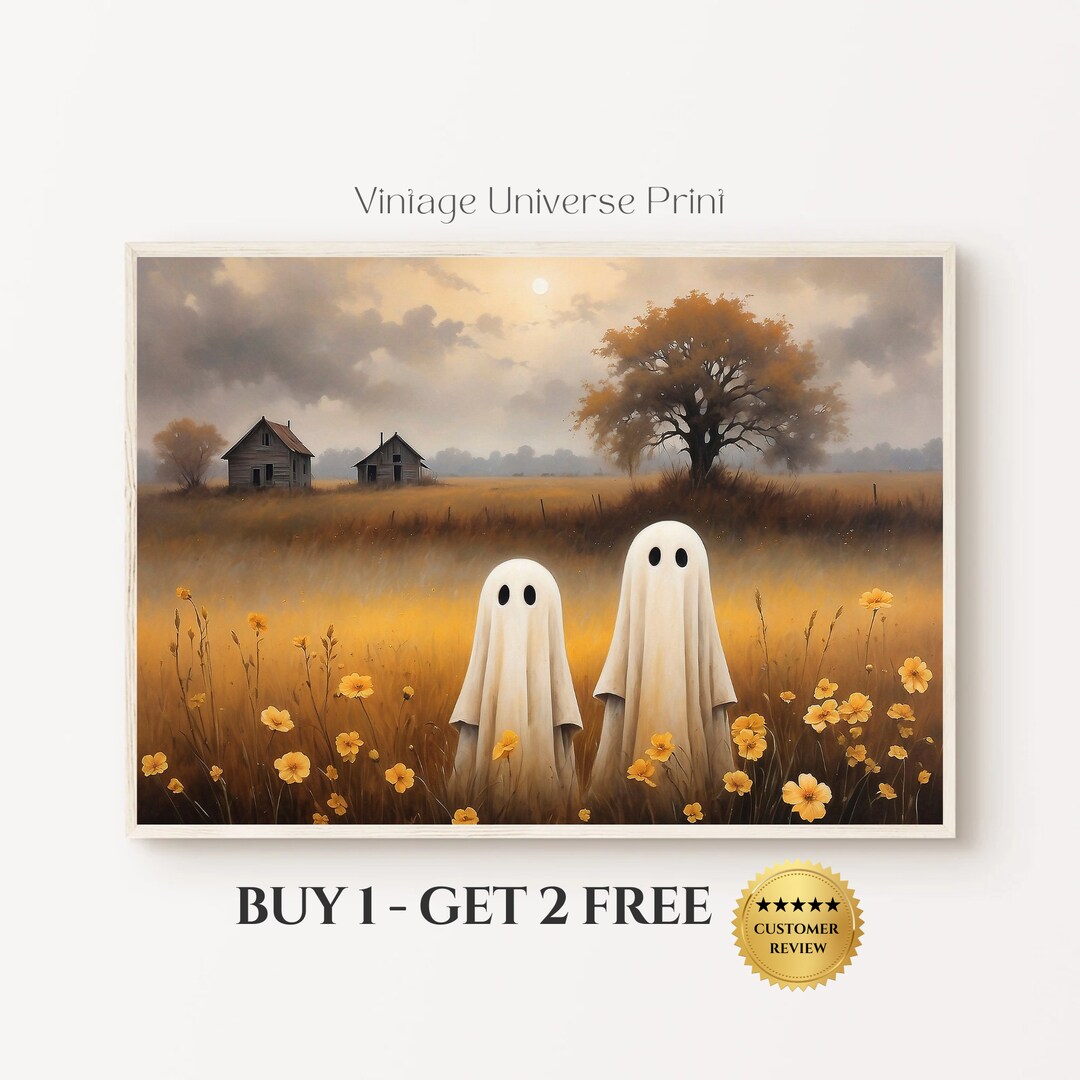 Cute Ghosts in the Meadow Flowers Landscape Vintage Painting, Moody ...
