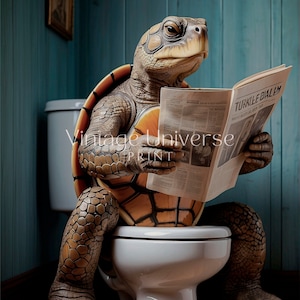 Turtle on Toilet Bathroom Print Tortoise Bathroom Art Animal on Toilet ...