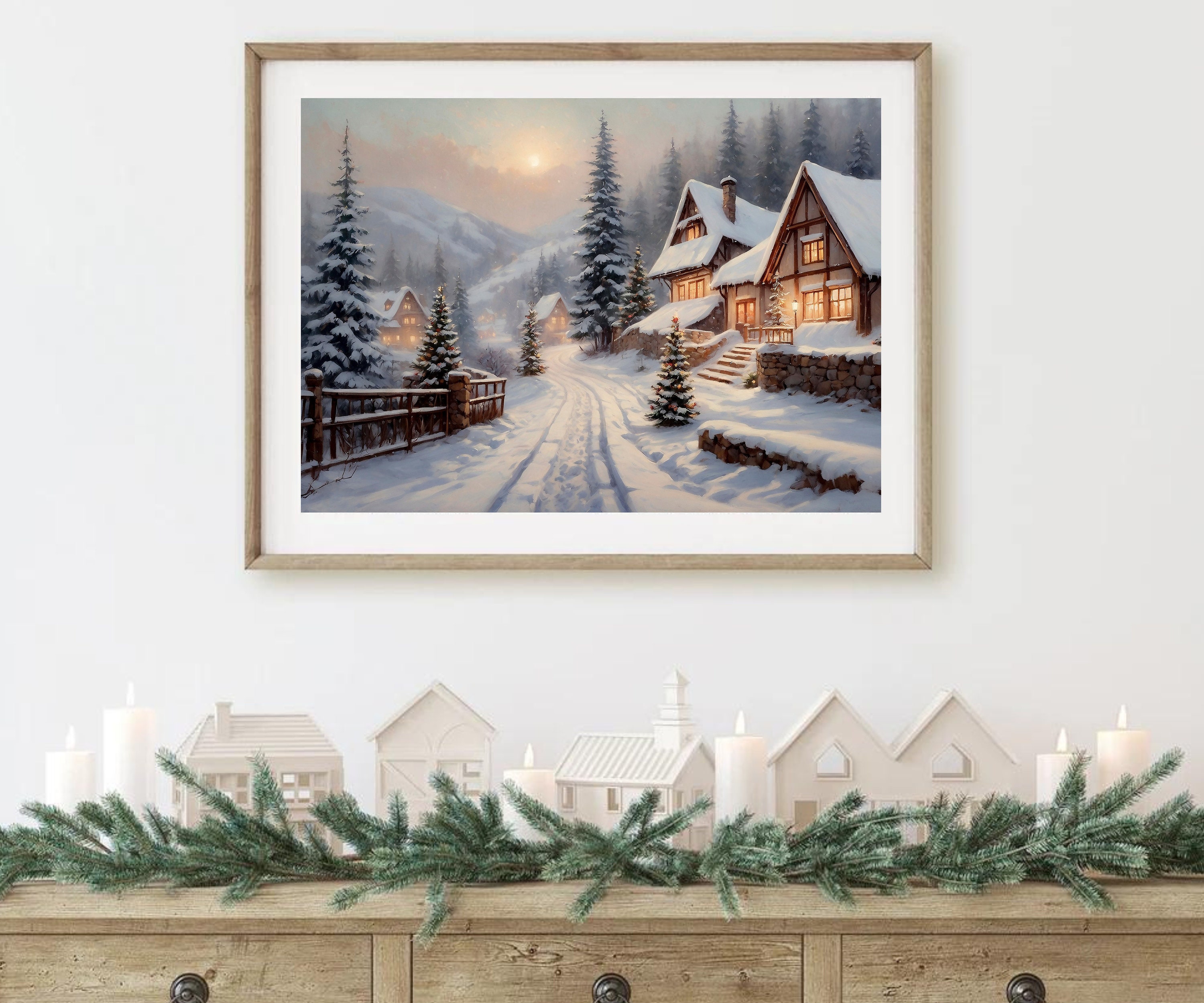 Christmas Village Print Winter PRINTABLE Wall Art Snowy Town Holiday ...
