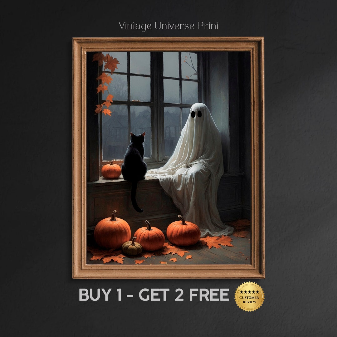 Ghost at the Window With Black Cat Print, Halloween Painting, Ghost ...