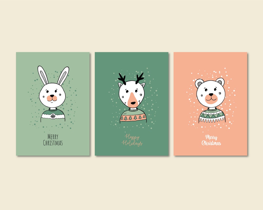 Set of Printable Cards With Animals in a Christmas Mood, Print at Home ...