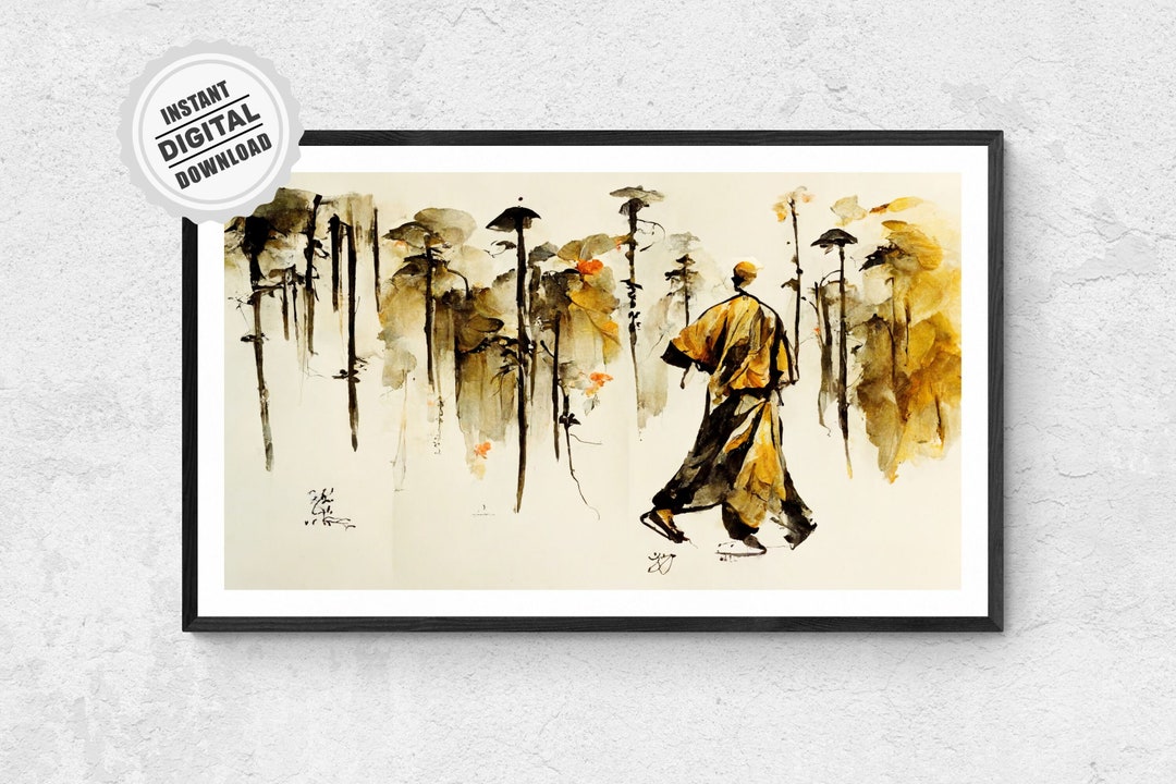 Zen Monks Print Bamboo Forest Wall Art Traditional Painting Spiritual ...