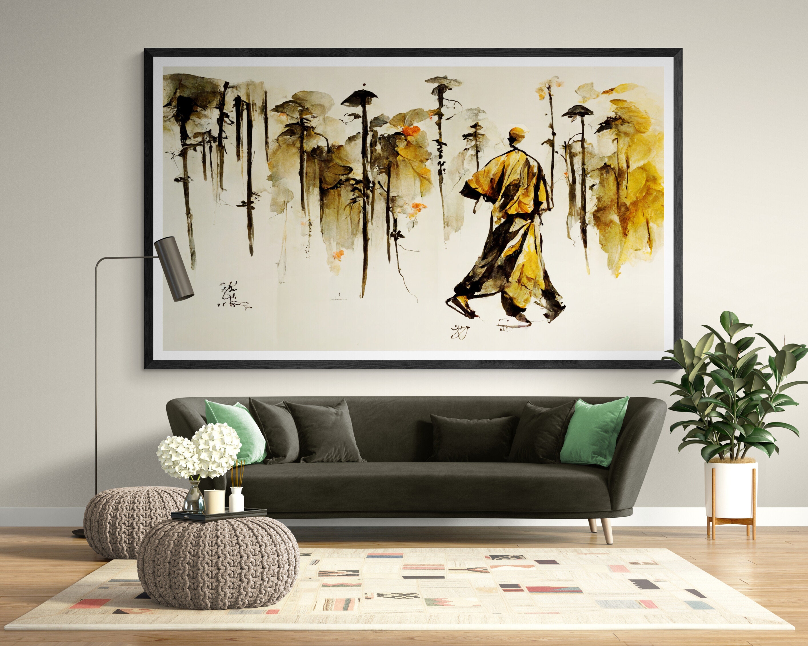 Zen Monks Print Bamboo Forest Wall Art Traditional Painting Spiritual ...
