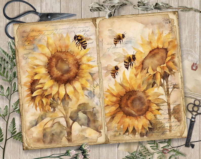 Vintage Sunflowers Journal Pages, Spring Ephemera, Scrapbook Printable ...