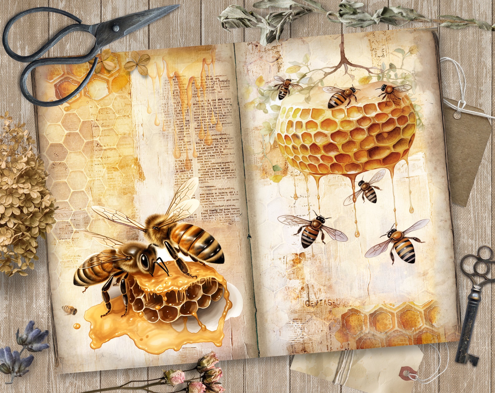 Honey Bees Junk Journal Pages, Vintage Bee Junk Journal Kit, Junk ...