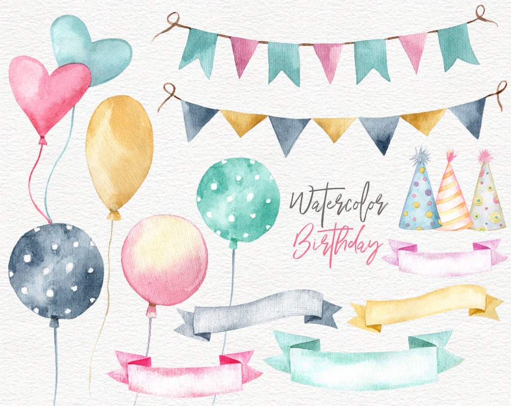 Watercolor Birthday Clipart Balloons Clipartparty Banners - Etsy