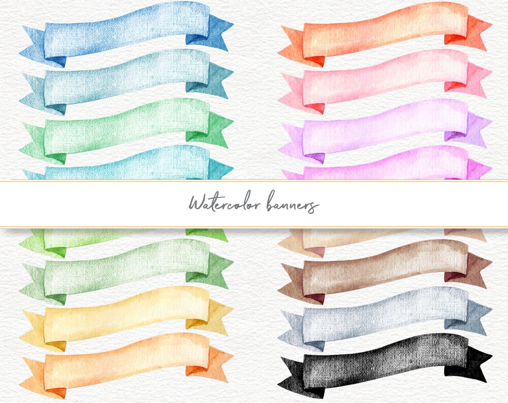 Watercolor Pastel Ribbon Banners Label Clipart Printable - Etsy