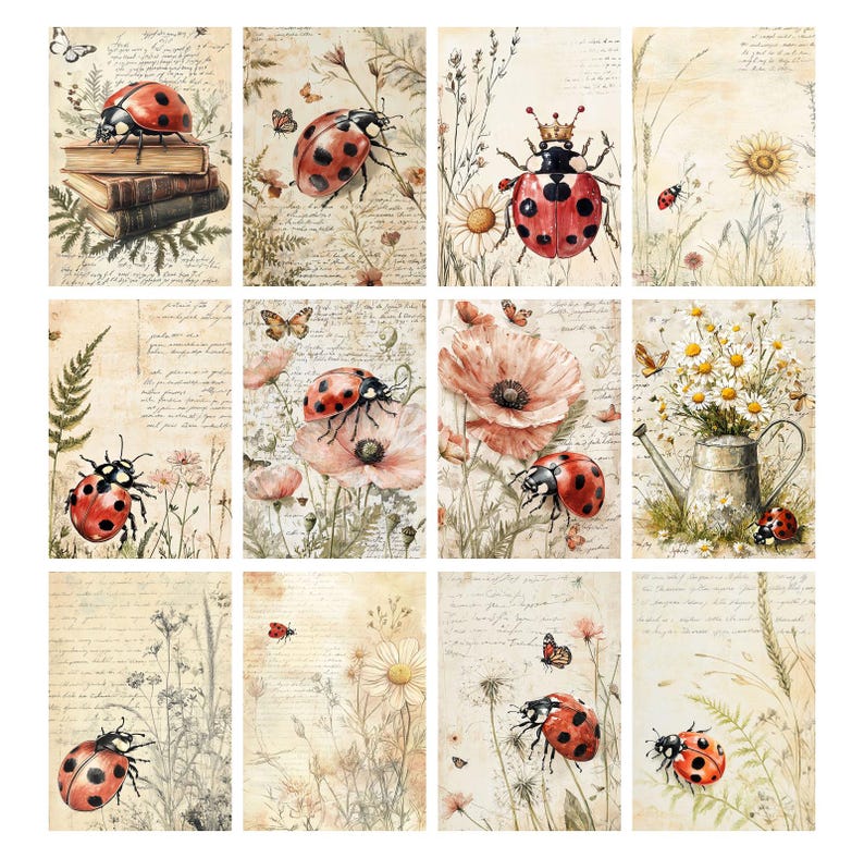 Floral Ladybug Printable Paper Pack, A-4 Junk Journal Background 50 JPC ...
