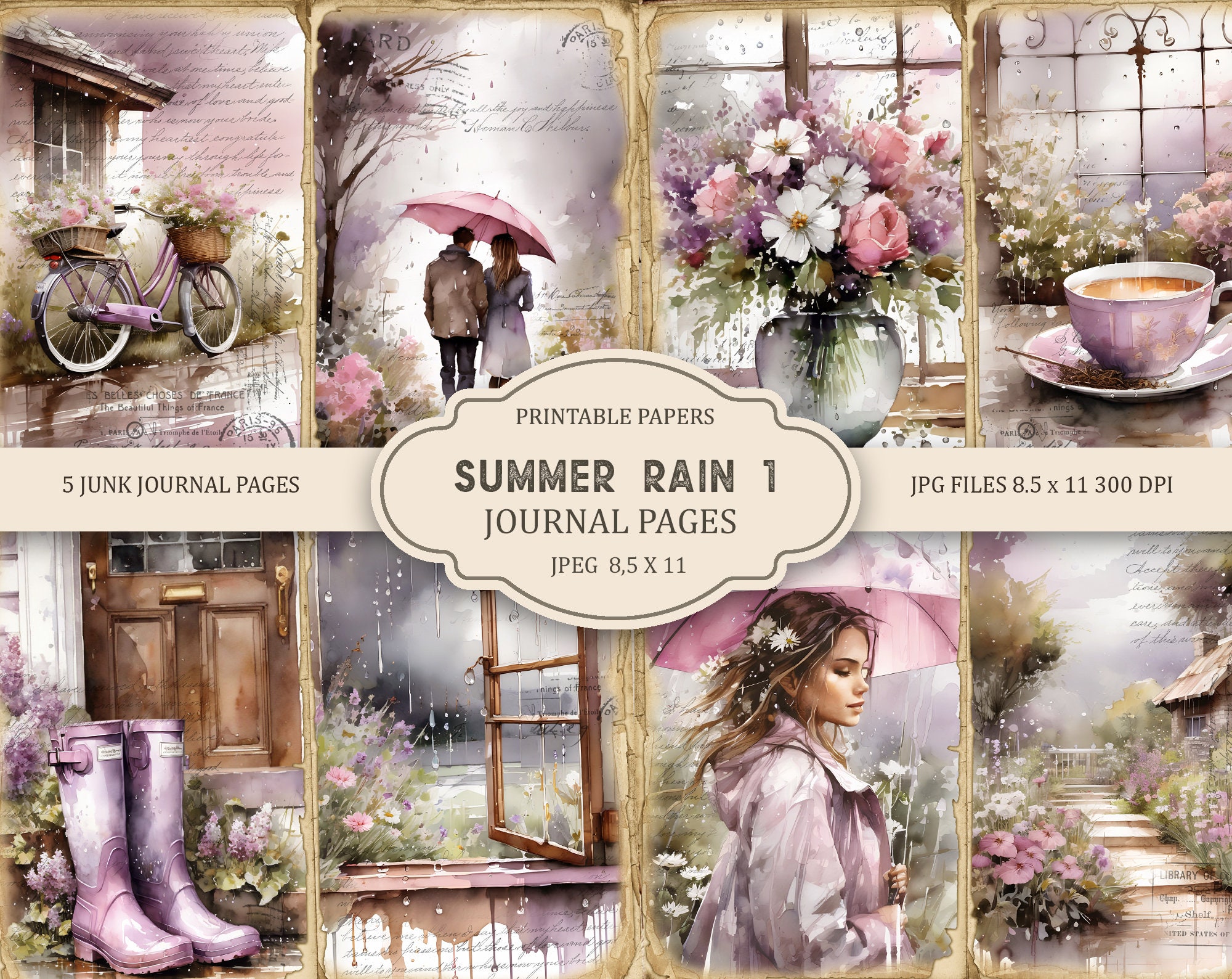 Summer Rain 1 Junk Journal Pages, Summer Ephemera, Scrapbook Printable ...