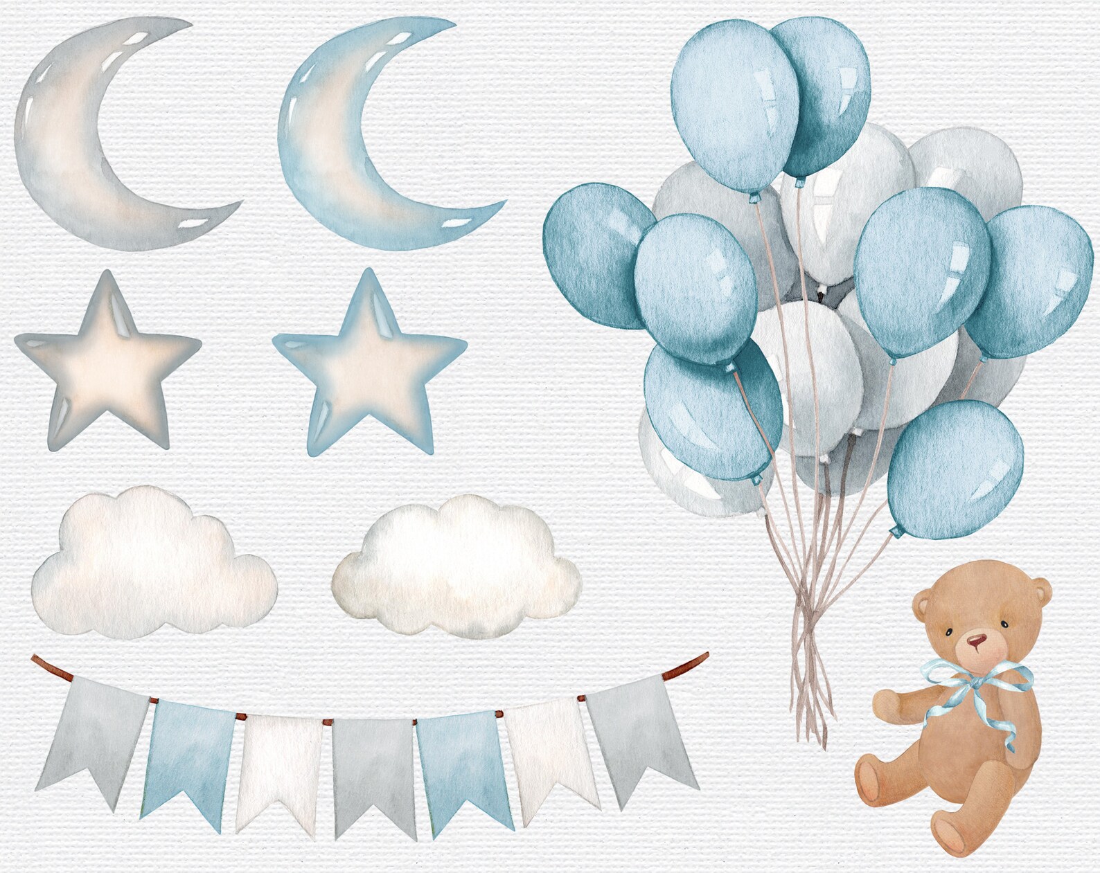 Watercolor Teddy Bear Clipart, Watercolor Baby Shower Clipart, Baby Boy ...
