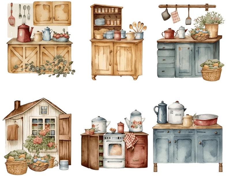Watercolour Cottagecore Kitchen Clipart Bundle Cottage - Etsy