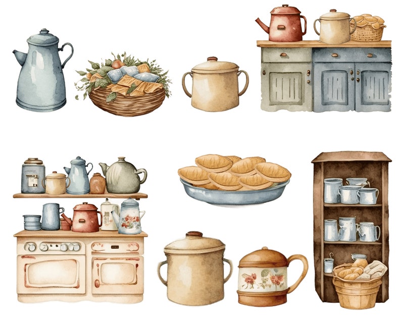 Watercolour Cottagecore Kitchen Clipart Bundle Cottage - Etsy
